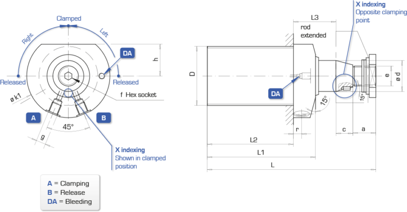 Double-acting swing clamp - Threaded - 250 bar - Supplied through taps ...