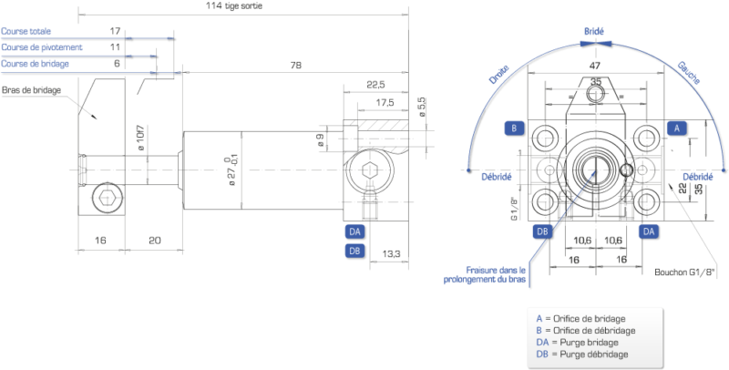 Vérin pivotant double effet - 250 bar Fixation par embase à taraudages ...