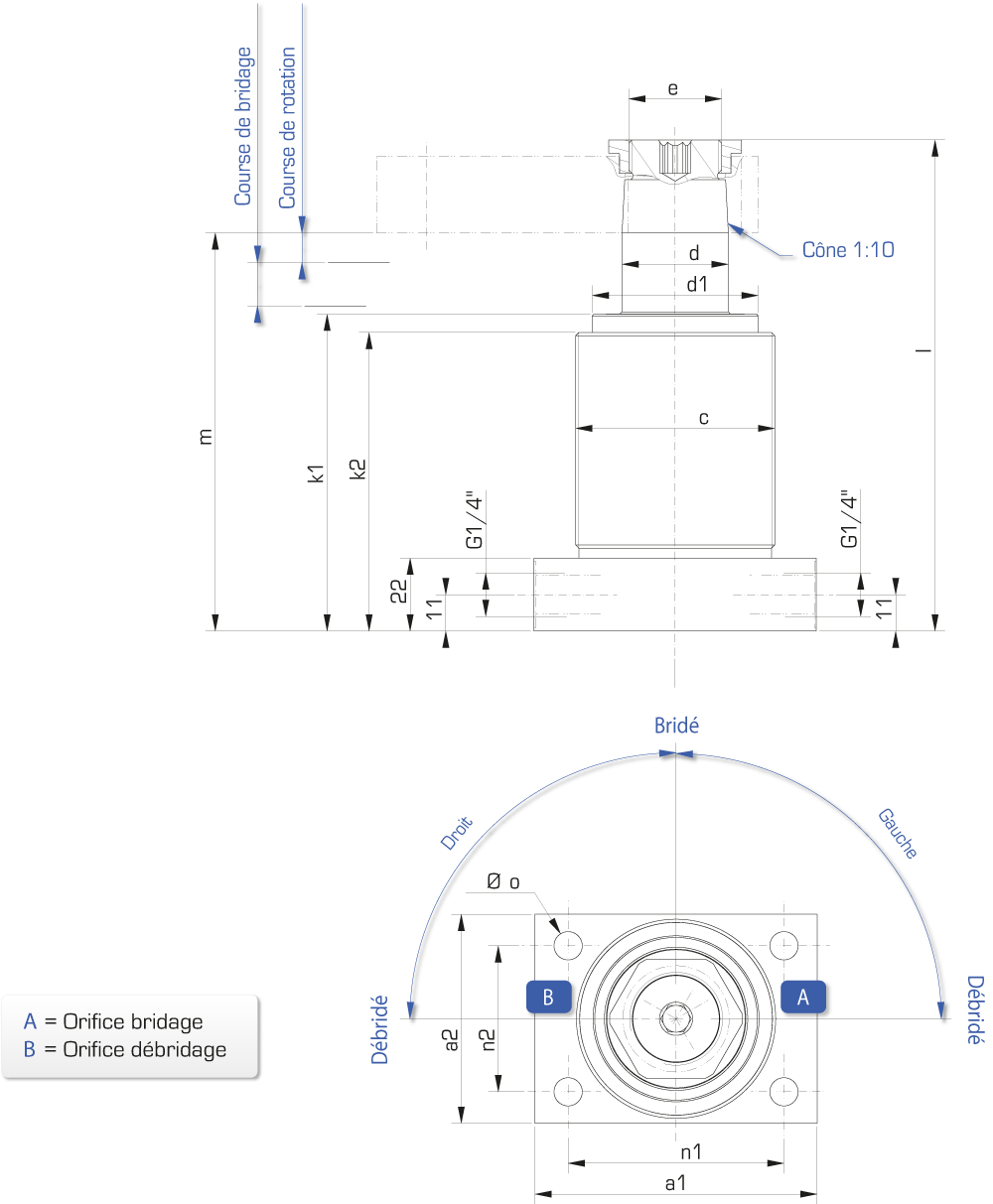 Vérin pivotant universel double effet - 500 bar. Corps fileté alimenté ...